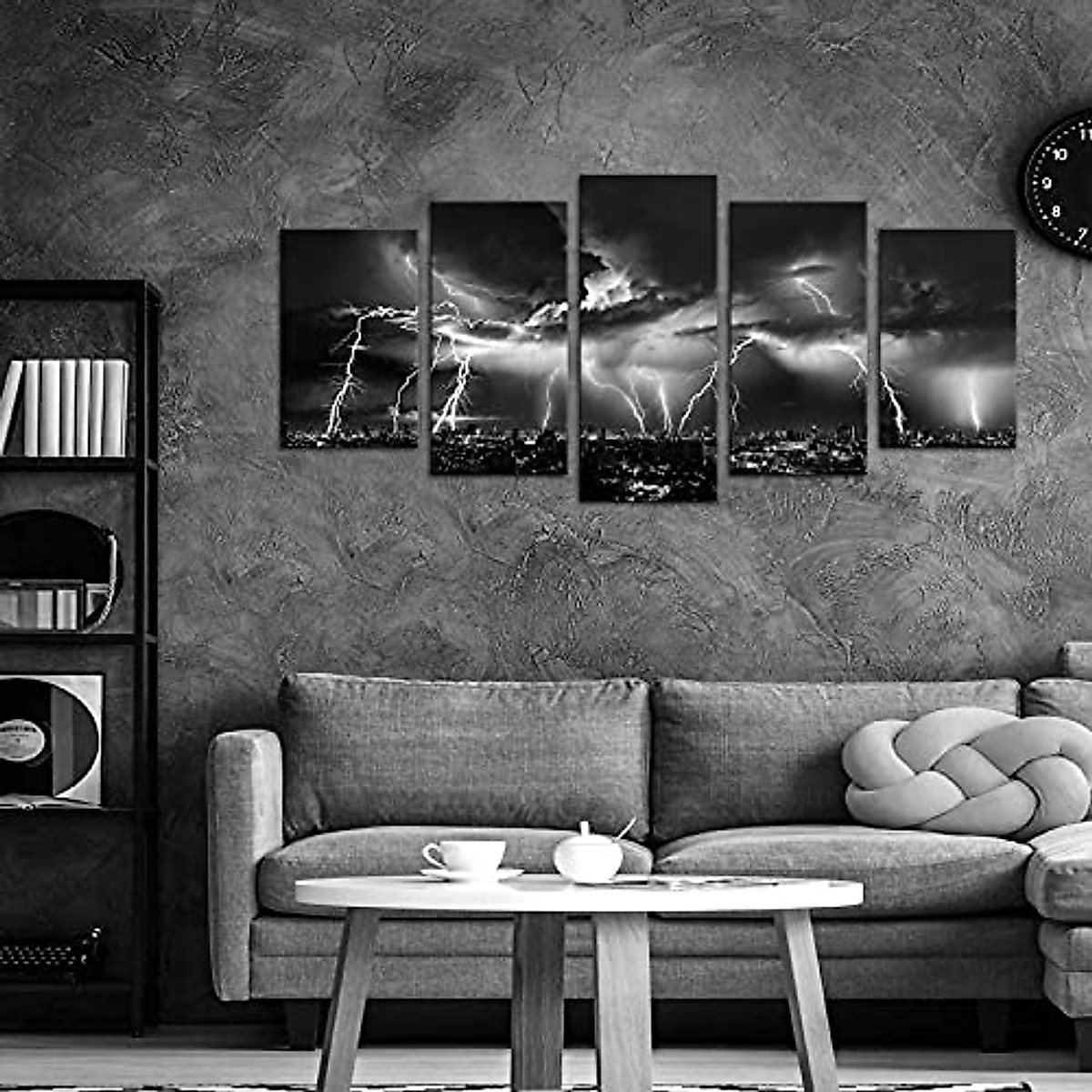 Biuteawal - Black and White Wall Art Nature Lightning Strikes in The Clouds Painting on Canvas Storm and City Night View Picture Print for Home Office Living Room Decoration Wall Decor