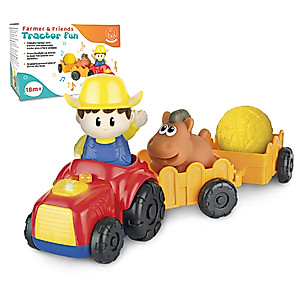 Tractor Toy with Farmer, Farm Animals and Wagons. Light Up Button Can Be Pressed for Animal Sounds and Melodies. Toddler Toys for a Farm Pretend Play for 18 + Month Old. Farm Toys for Baby Gifts
