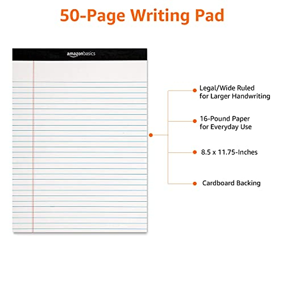 Amazon Basics Wide Ruled 8.5 x 11.75-Inch Lined Writing Note Pads - 12-Pack (50-sheet), White
