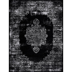CAMILSON Machine Washable Area Rugs with Non Slip Backing for Living Room Bedroom, Distressed Vintage Washable Rug 5x7, Stain and Water Resistant, Bohemian Indoor Carpet (5 x 7, Black White)