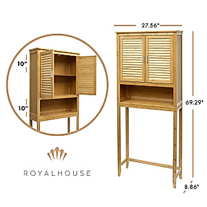 RoyalHouse Bamboo Over The Toilet Storage Cabinet with Bottom Shelf, Free Standing Storage Cabinet, Perfect Bathroom Space Saver with Double Door Organizer
