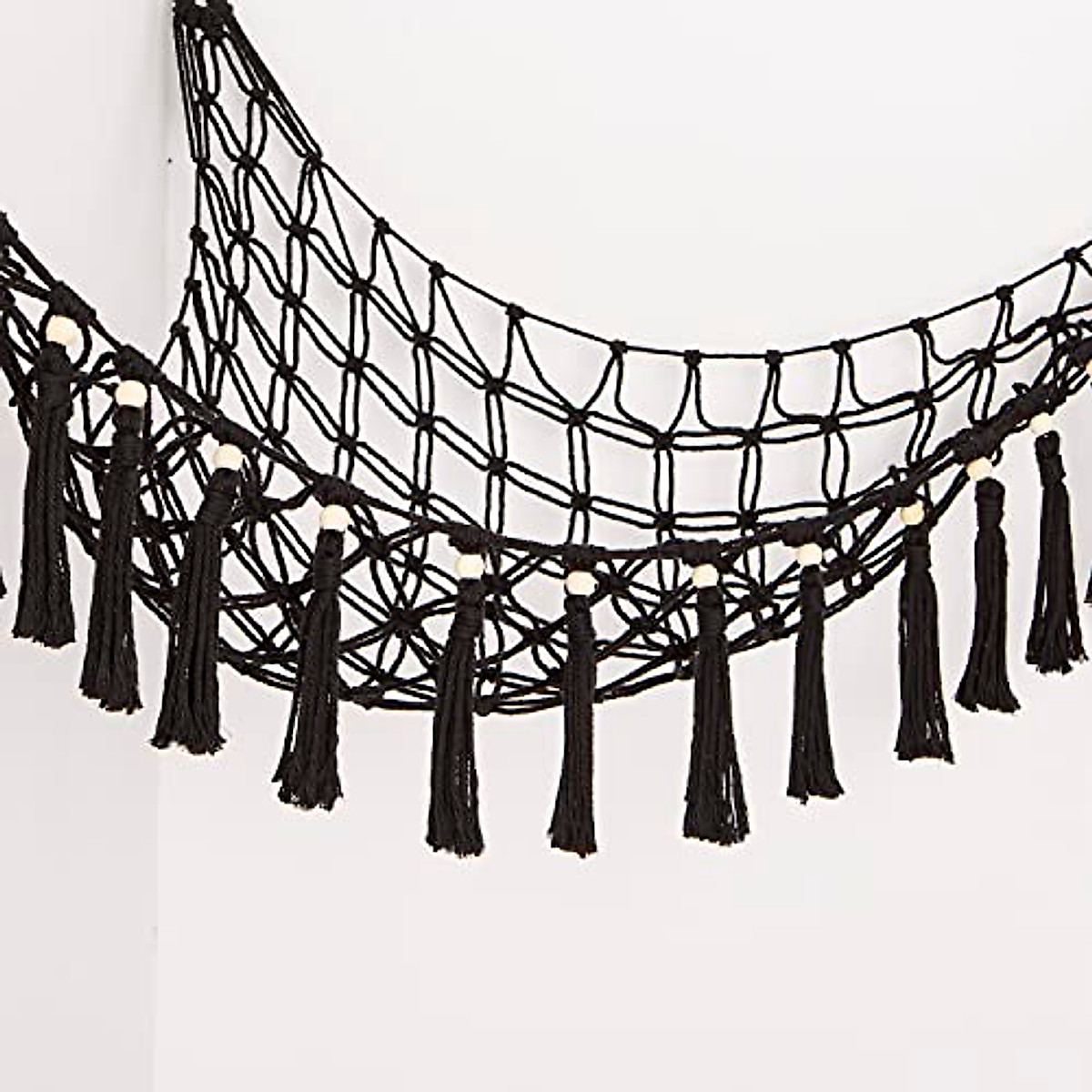 MAKEONEWO Stuffed Animal Toy Hammock Hanging- Macrame Toy Hammock with Tassels-Stuff Animals Organizer Storage Boho Large Corner Plush Toys Net Holder for Nursery, Play Room, Kids Bedroom (Black), 1 Pack