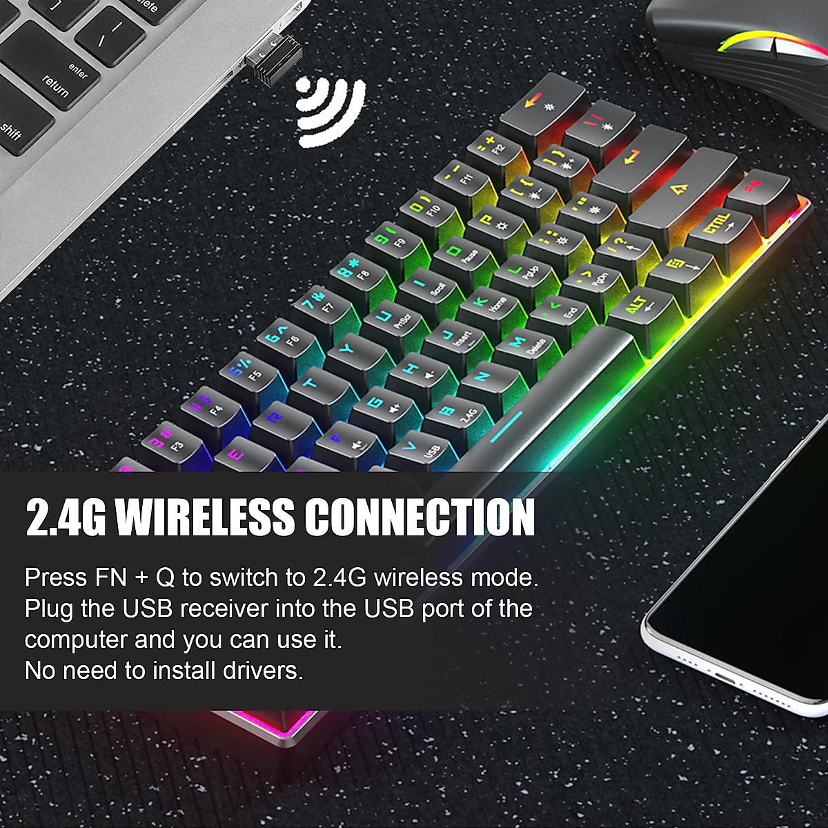 Ajazz G1000 USB Wired/2.4G/Bluetooth 3-Modes Wireless Mechanical Keyboard, Compact 61 Keys, Adjustable RGB Backlight, iOS/Android/Mac/Windows Compatible (Black, Blue Switch)