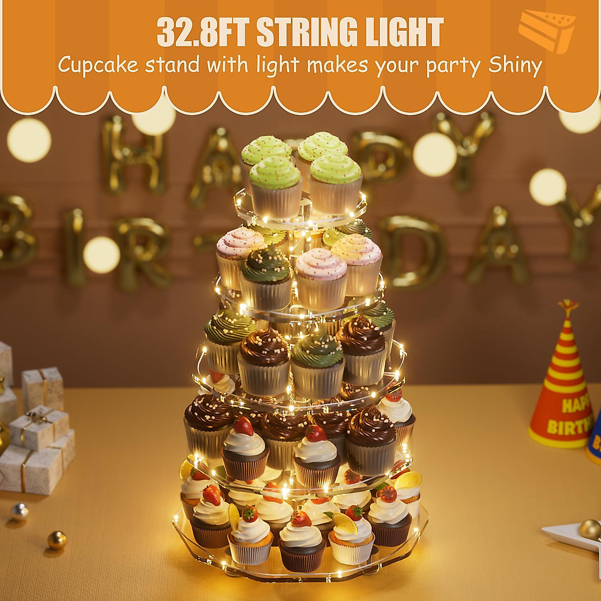 Antimbee 5 Tier Clear Cupcake Stand with LED String Light, Acrylic Cupcake Display Holder for Weddings, Birthday, Anniversary, Party Events
