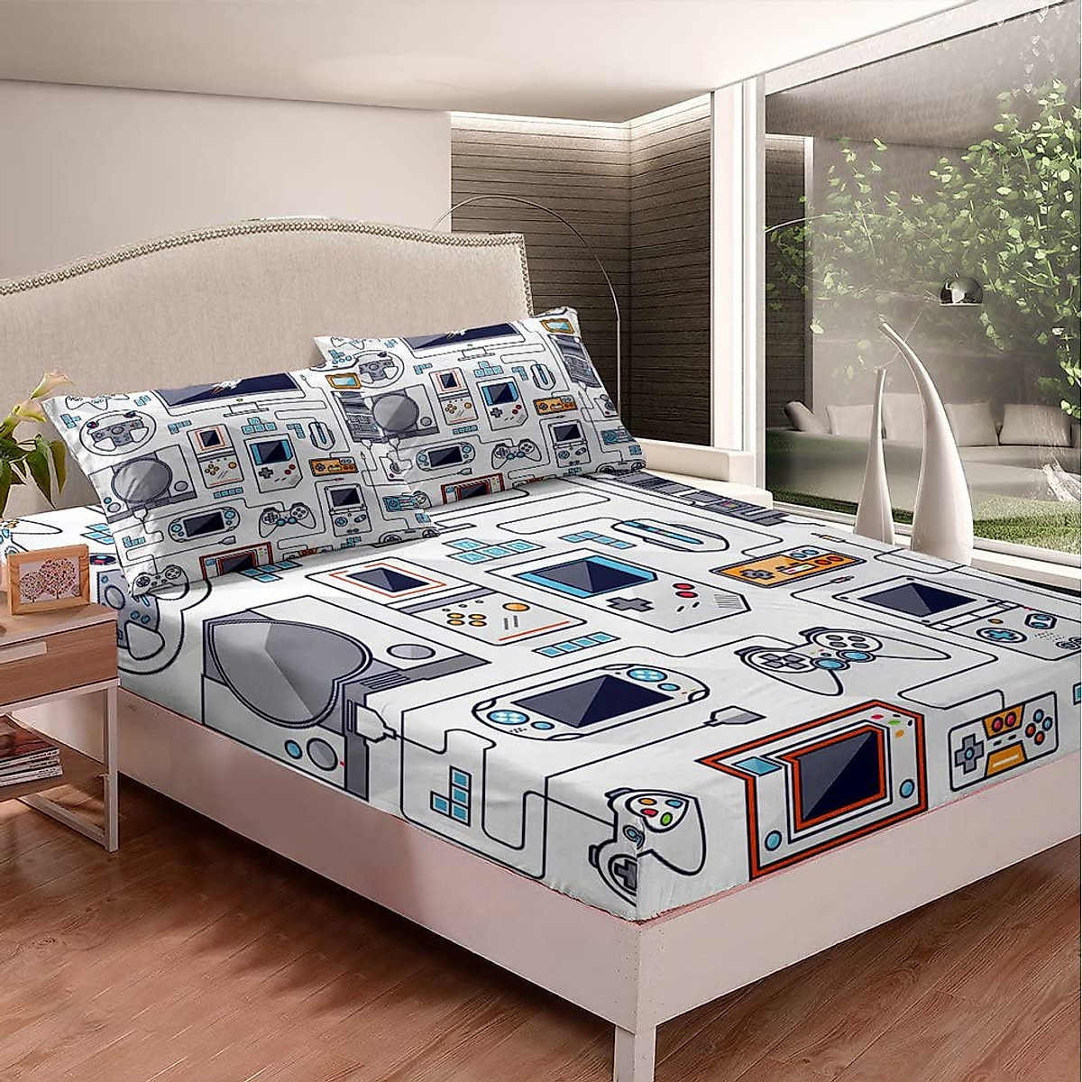 Boys Game Fitted Sheet Gamepad Printed Bedding Set for Kids Teens Videogame Controller Fitted Bed Sheet Gaming Console Bedding Decor Set Twin Size 1 Fitted Sheet with 1 Pillow Case(No Top Sheet)