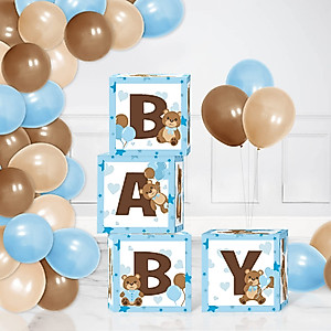 40PCS Teddy Bear Baby Shower Boxes Decorations Bear Theme Party Boxes Block Backdrop Favor with Blue Brown Balloons for Teddy Bear Birthday We Can Bearly Wait Party Supplies