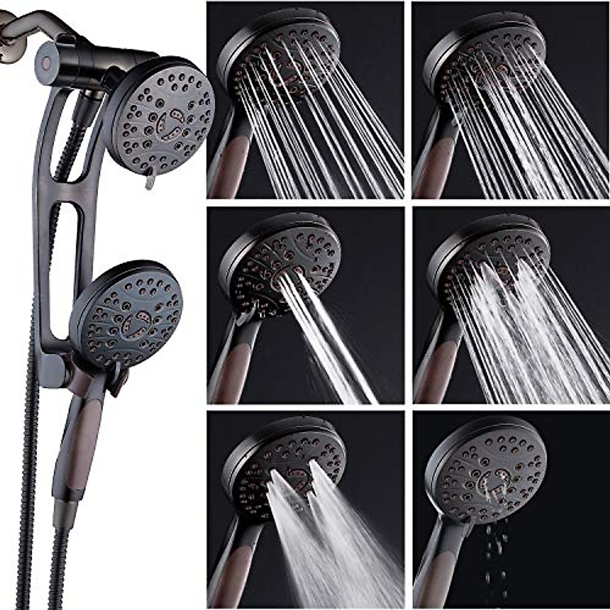 AquaSpa High Pressure 48-mode Luxury 3-way Combo with Adjustable Extension Arm – Dual Rain & Handheld Shower Head – Extra Long 6 Foot Stainless Steel Hose – All Oil Rubbed Bronze Finish – Top US Brand