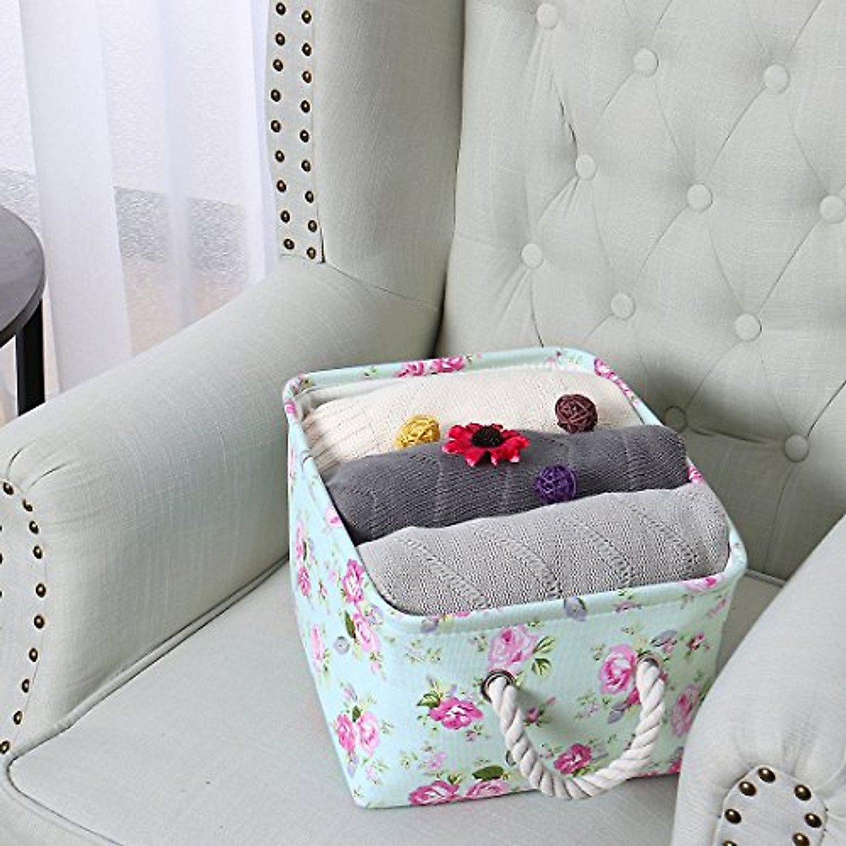 uxcell Storage Basket Bin for Toys Clothes, Collapsible Canvas Fabric Laundry Basket Box with Drawstring Closure & Carry Handles, Floral (Large - 17.7"x13.8"x9.8")