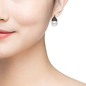 SILVER EMPIRE Fine Jewelry | 925 Sterling Silver Filigree Earrings for Women | Features Marcasite & Colorful Glass Pearls (White) | Cap Mounting w/Latch Closure | Oxidized Finish | Hypoallergenic