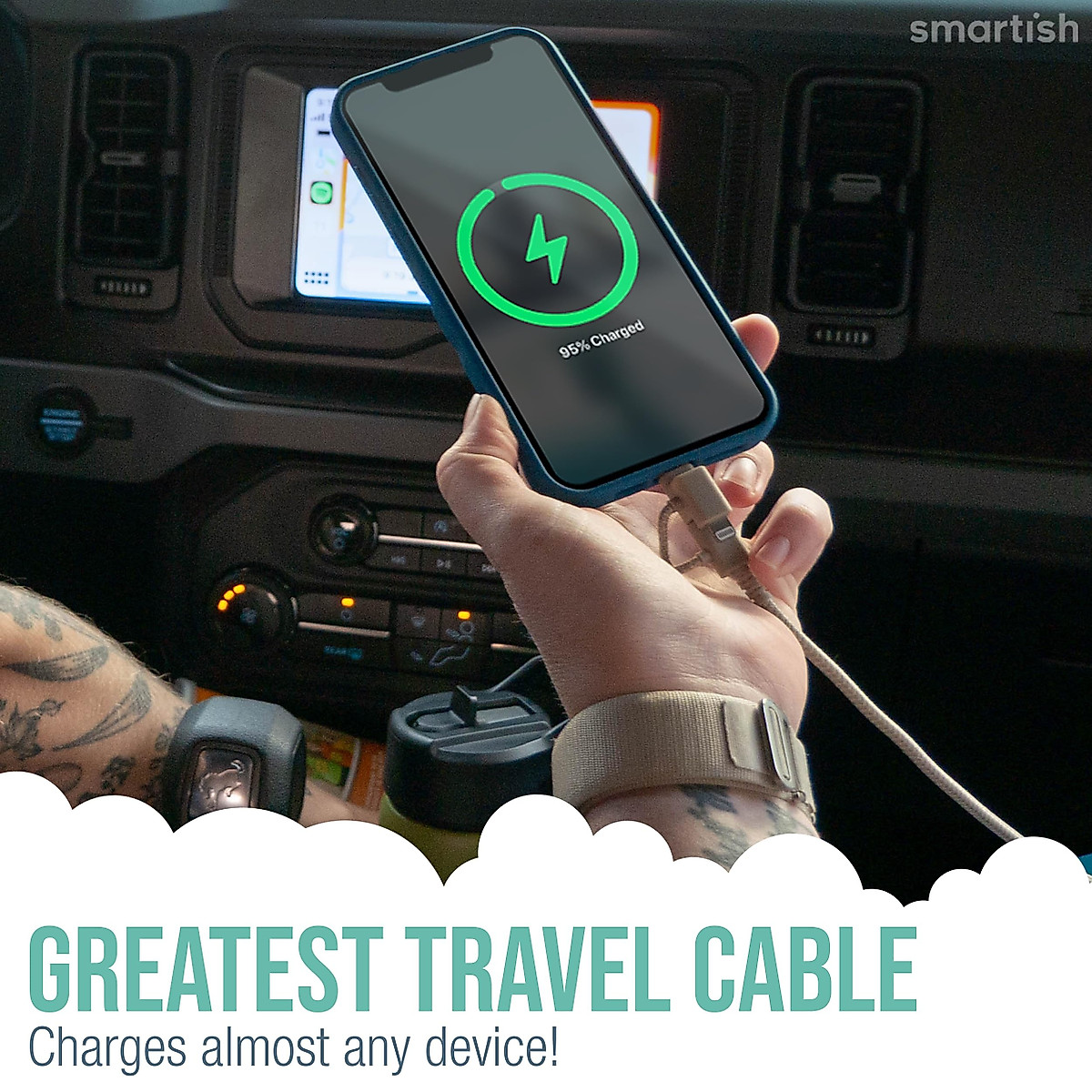 Smartish USB-C/Lightning Cable for iPhone 16/15/14 - Crown Joule - 6Foot Universal Fast Fabric Wrapped Charging Cable w/Micro-USB - Apple MFi Certified for iPhone 13/12/SE/iPad/AirPods/Android - Black