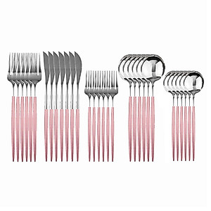 Uniturcky Silverware Set – 30 Piece Family Dinnerware Set – Flatware Set Service For 6 – Pink Silver Tableware Sets – Cutlery Great For Family Gatherings & Daily Use – Spoons, Knives, Forks