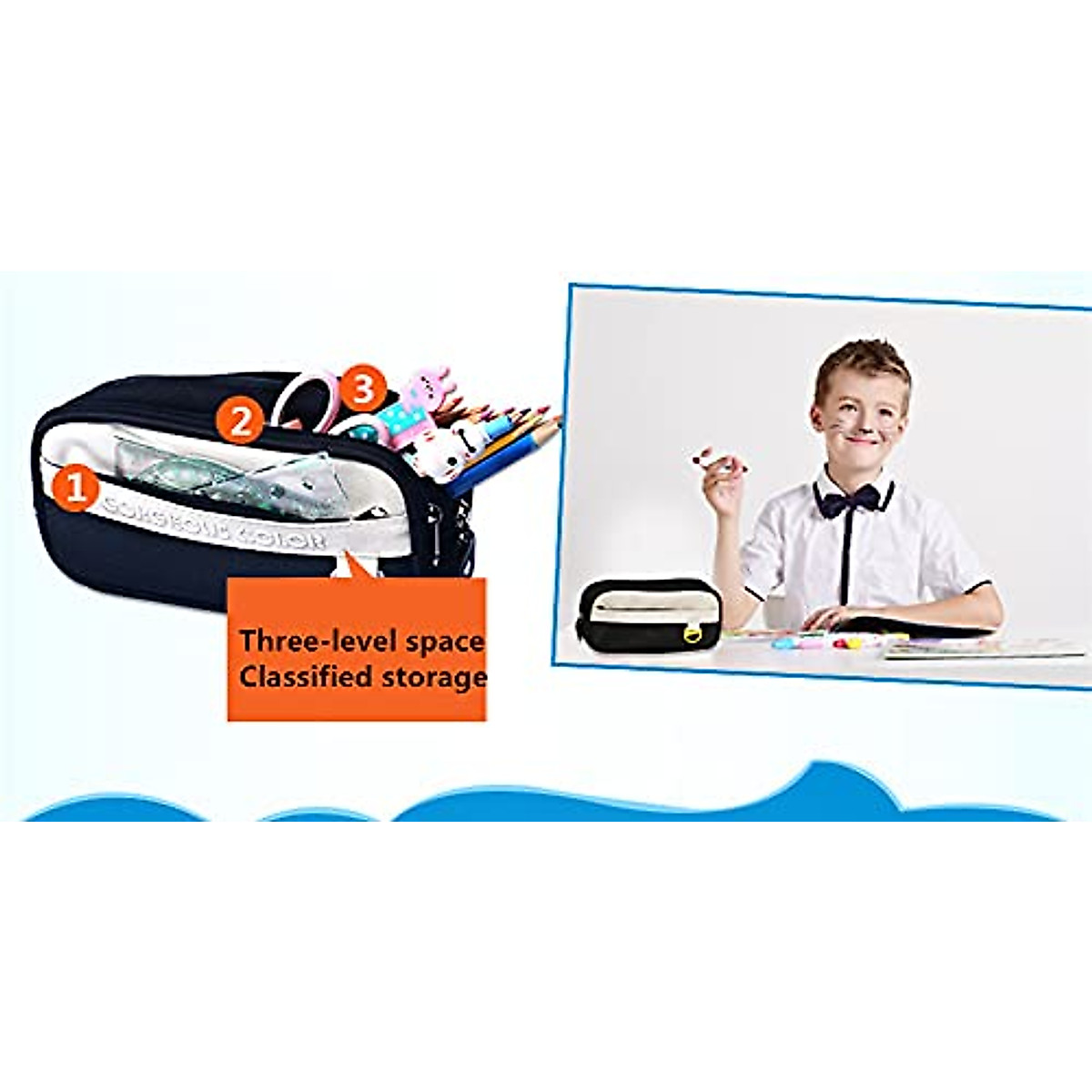 HANXIUCAO Pen Case 3-layer Storage Bag, Portable Pencil Case, Stationery Box, High-quality Zipper Pen Case, Used As A Pen Holder Tool Bag Storage Box (Simple style ，black and gray)