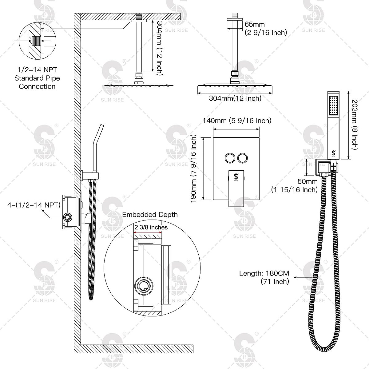 SR SUN RISE Ceiling Mounted Shower System with Push Button Diverter, Luxury 12 Inch Rain Shower Head with Handheld Spray, High Pressure Shower Faucet Combo Set with Rough-in Valve, Polished Chrome