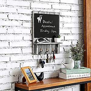 MyGift Wall Mounted Rustic Gray Wood Entryway Key Holder Organizer Rack with Chalkboard, Storage Display Shelf and 3 Hooks