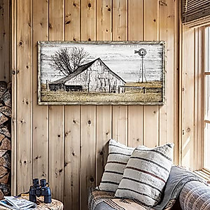 Barn Framed Wall Art Farmhouse: Rustic Farm Wood Picture Decor Large Windmill Country Scene Painting Horizontal Nature Landscape Artwork Panoramic Countryside View Print for Home Living Room Bedroom