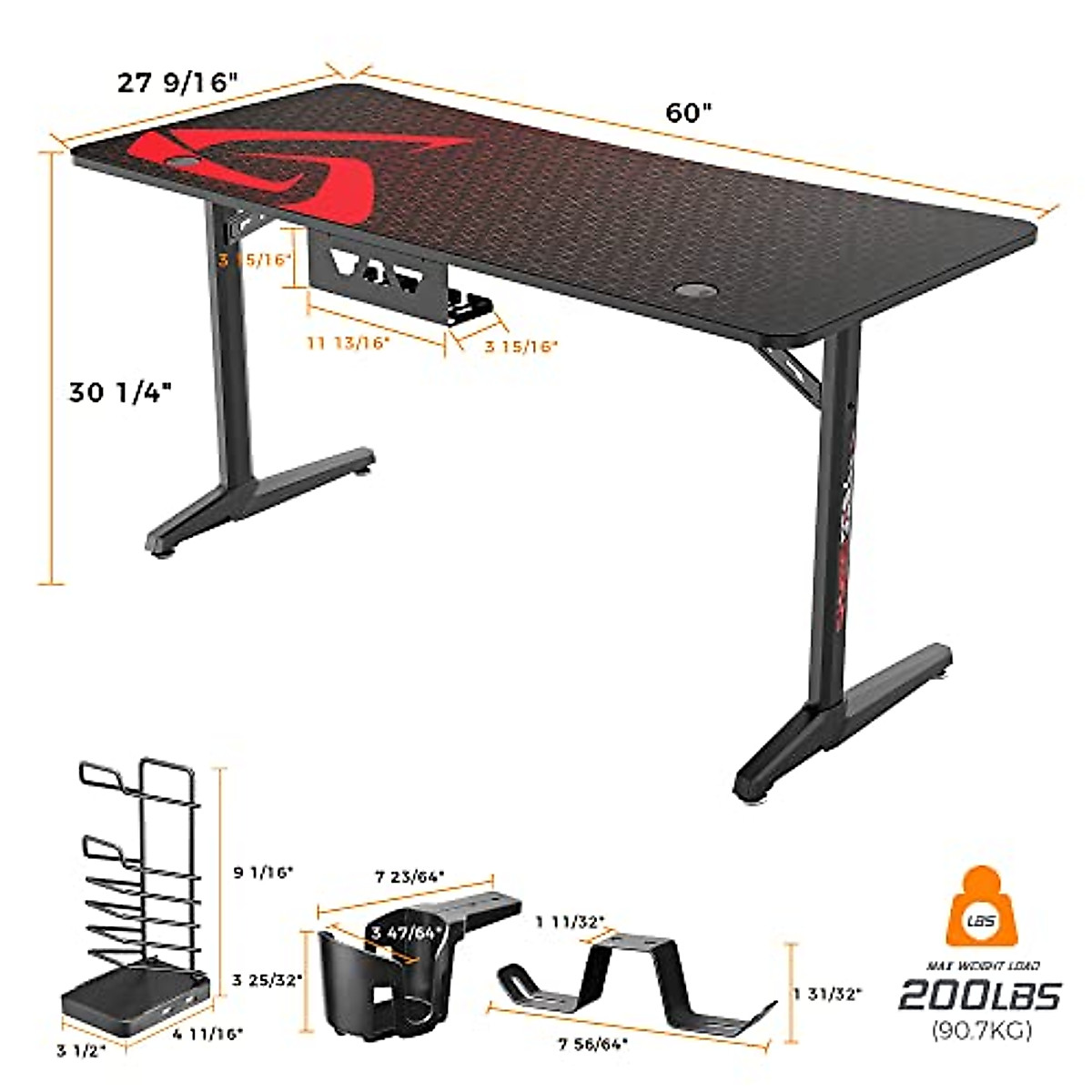DESIGNA 60 inch Gaming Desk, Large Curved Computer Desk with Full Mouse Pad, T-Shaped Professional Gamer Studio Table for 3 Monitors with USB Handle Rack Cup Holder Headphone Hook, Carbon Fiber Black
