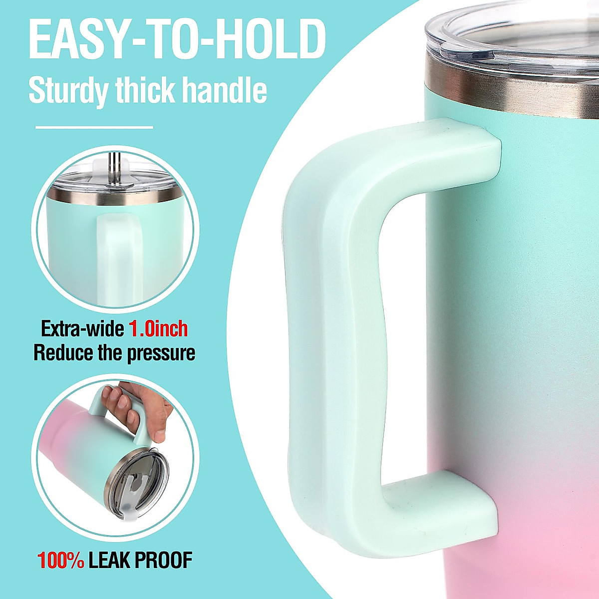 Zukro 24 oz Tumbler with Handle and Straw, Insulated Coffee Travel Mug with 2 Lids, Keep Drinks Hot and Cold, No Sweat Leak Proof Stainless Steel Cup, Dishwasher Safe, Pink