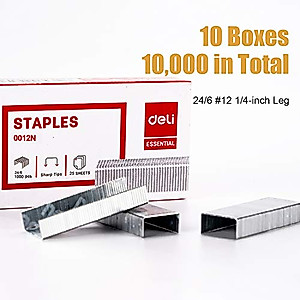 Deli 10,000 Staples, Fits Deli 25, 40 and 60 Sheet Capacity Staplers, Standard 1/4 Inch Length, 24/6, Jam Free Sharp Chisel Point Design, 10 Boxes of 1,000 Staples, Fits Standard Staplers(0012N)