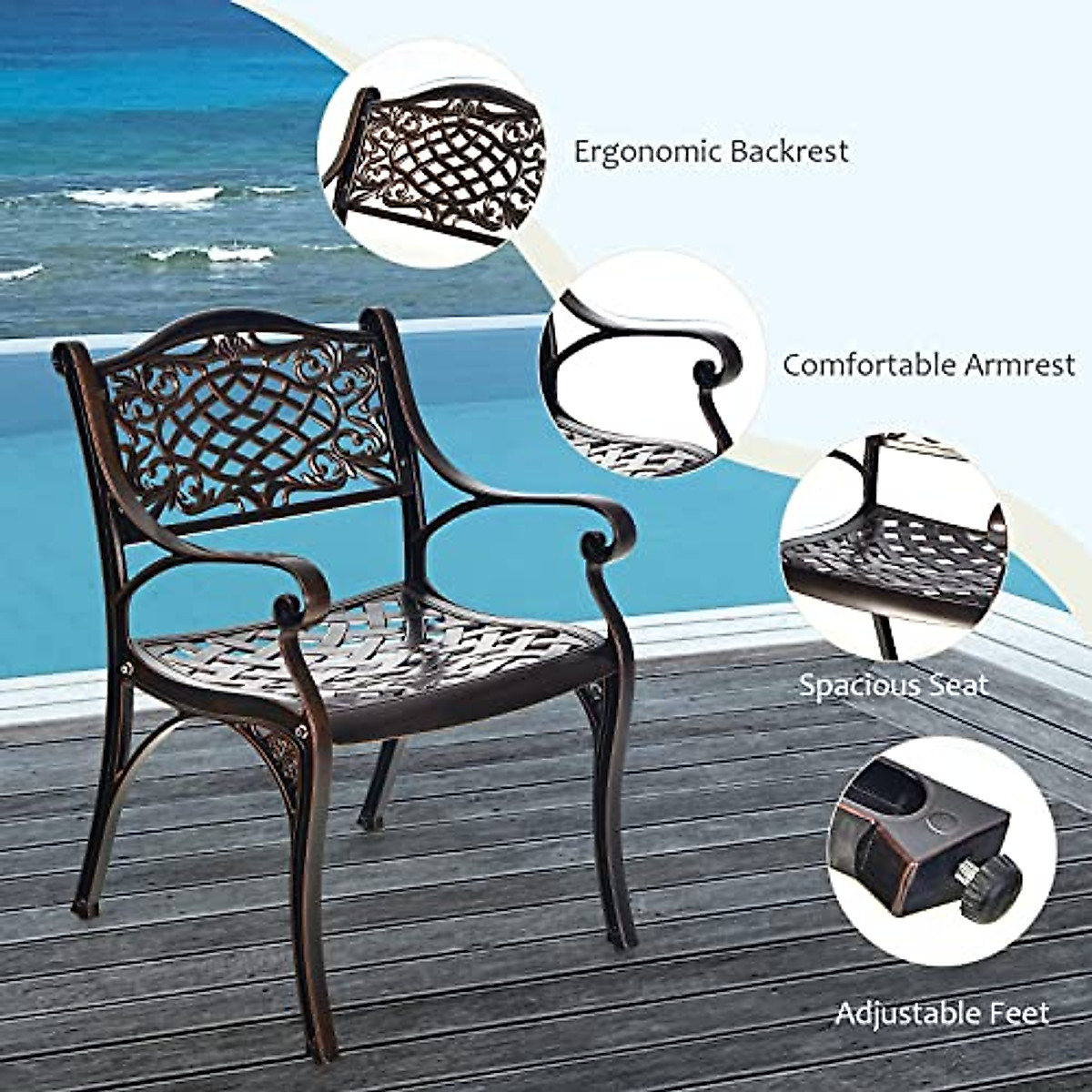 Giantex 2 Pieces Patio Chairs, Cast Aluminum Bistro Chairs with Armrest, All-Weather Patio Dining Chair with Adjustable Feet, Outdoor Armchairs for Garden Deck Backyard Poolside (1)