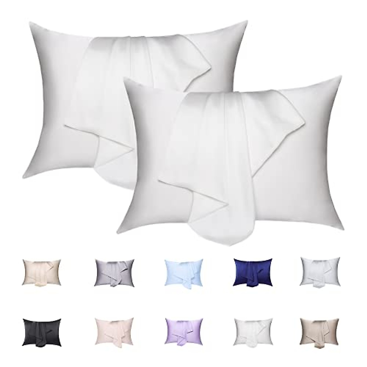 Silk Pillowcase 2 Pack, FANHSJF 100% Mulberry Silk Pillowcase for Hair and Skin, 19 Momme 600 Thread Count Silk Pillow Cover Set of 2 with Hidden Zipper. (White, Standard 20x26)