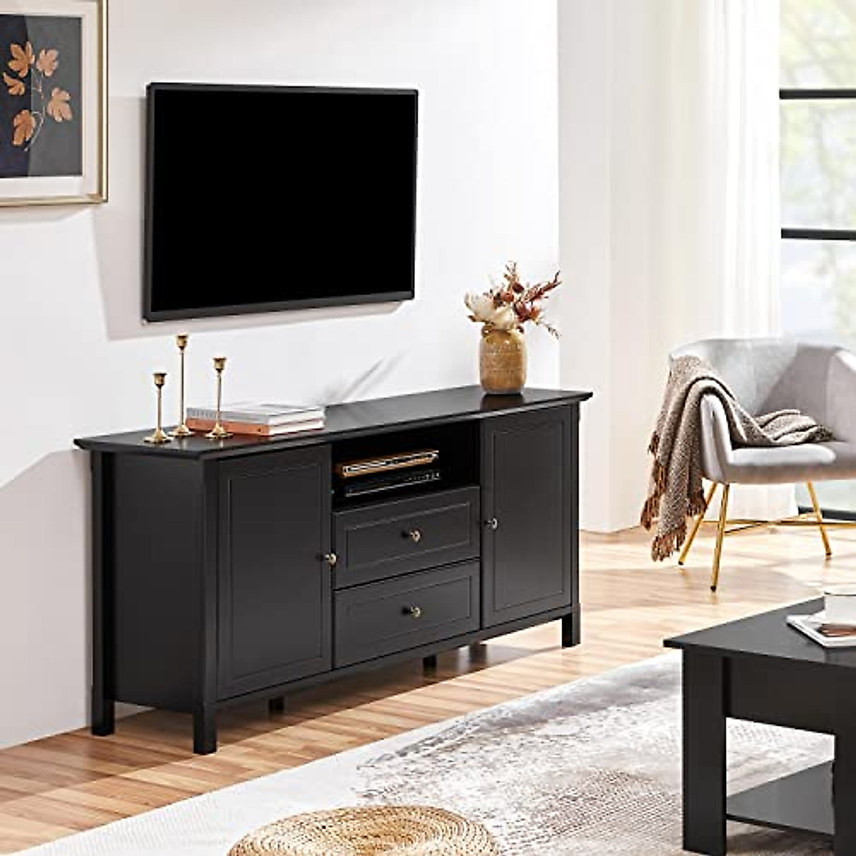 Yaheetech TV Stand with Storage for TVs up to 65 inch, Black TV Console Table for Living Room, Media Entertainment Center TV Storage Cabinet with 2 Central Drawers & Open Shelf, 58 in