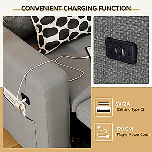 FREDEES Sectional Sofa L-Shaped Sofa Couch Bed with Chaise & USB,Couch Sleeper Pull Out Bed & Storage Space, 3-seat Fabric Convertible Sofa, Pull Out Couch for Living Room, Grey