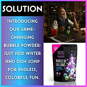 Makes 30 Gallons of Bubbles. Turnes ordinary dish soap into bubbles when water is added.