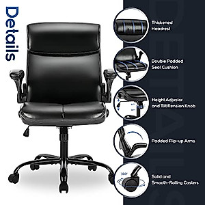 Executive Home Office Chair-Ergonomic Computer Desk Chair with Padded Flip-up Arms, Adjustable Height and Tilt, Soft Leather Office Chair Swivel Rolling for Adult Teens Working, Study, Gaming (Black)