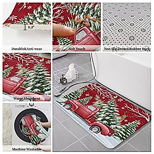 Libaoge Kitchen Mat Rug 1 PCS Christmas Truck Xmas Tree Snow Red Background Runner Rug Anti-Fatigue Comfort Memory Foam Standing Mat Non-Slip Floor Door Mat for Bathroom Bedroom 20x63in