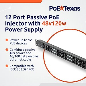 PoE Texas 12 Port PoE Injector with 48v120w Power Supply - 10/100 Data - Rack Mount - Add Passive Mode B 802.3af PoE to a Non PoE Switch for VoIP, WiFi AP, IP Camera, Security & Surveillance Systems