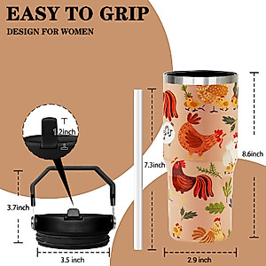 Chicken Tumbler with Handle and Straw, Stainless Steel Vacuum Insulated Flip Straw 30 oz Chicken Tumbler Spill Proof Coffee Travel Mug Chicken Gifts for Women
