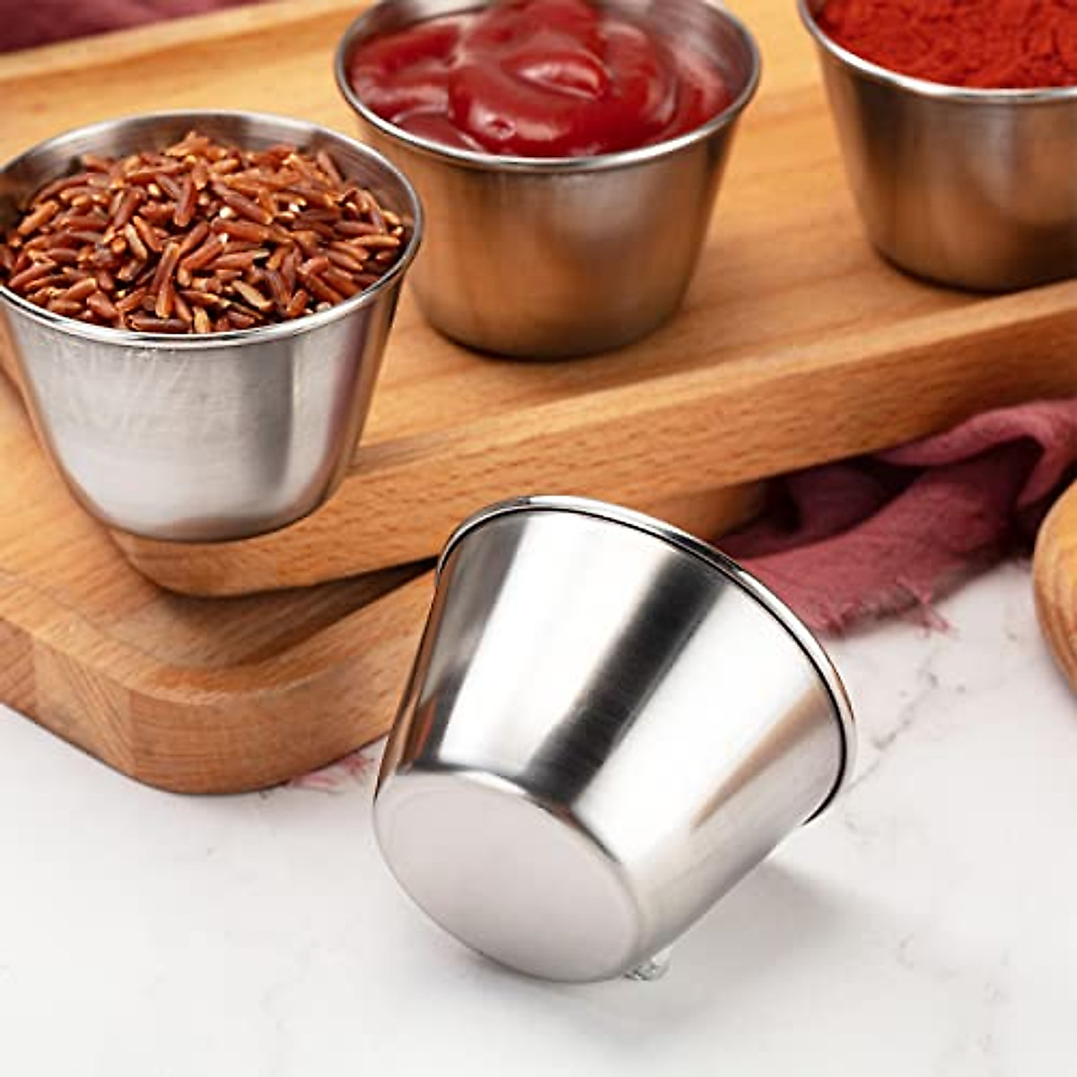 Potchen 100 Packs 2.5 oz Condiment Sauce Cups Stainless Steel Dipping Sauce Cups Reusable Condiment Dishes Individual Round Condiments for Condiments Vinegar Butter Ice Cubes Nuts Ketchup Honey