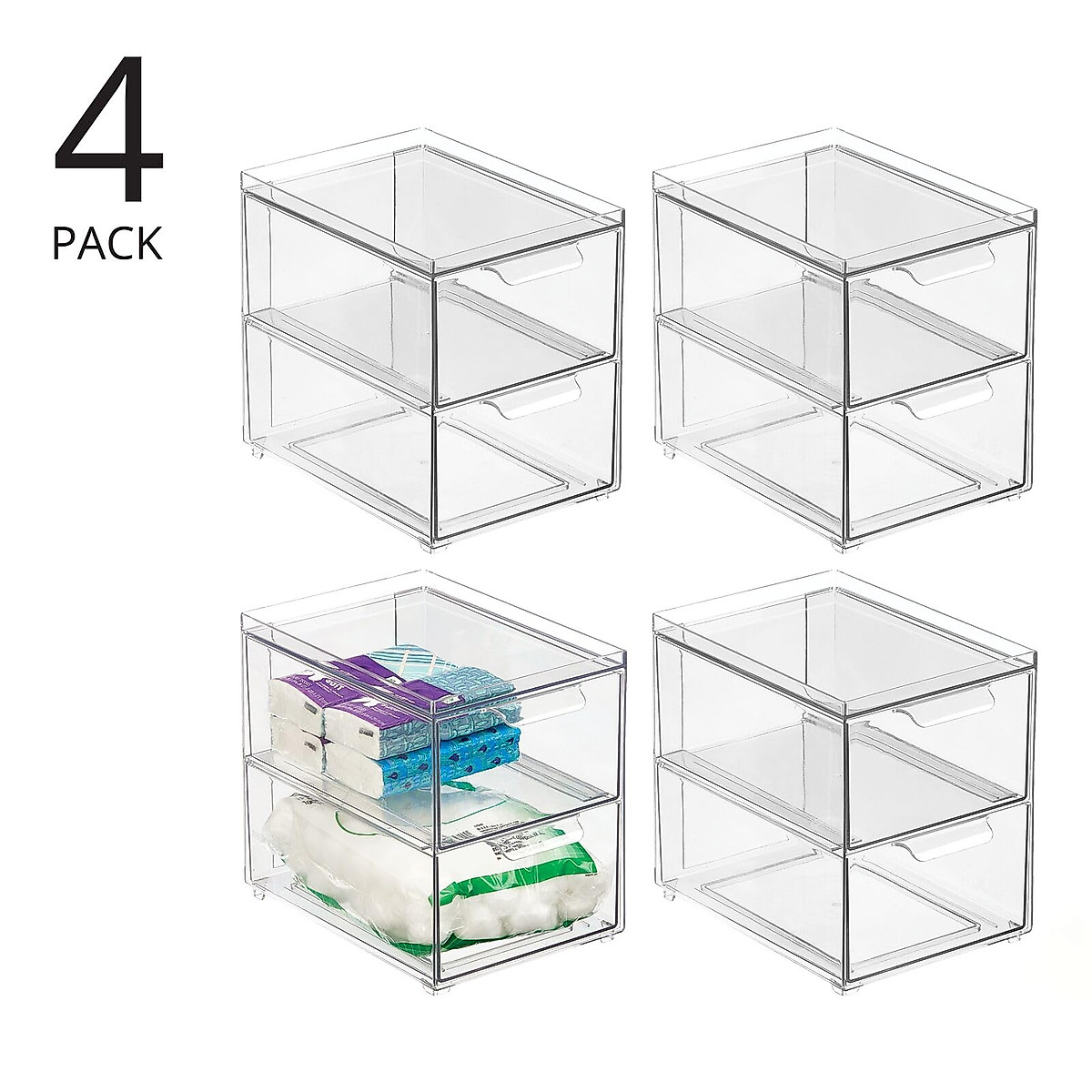 mDesign Stackable Storage Containers Box with 2 Pull-Out Drawers - Stacking Plastic Drawer Bins for Master or Guest Bathroom, Linen Closet, Vanity, Makeup Table Lumiere Collection 4 Pack, Clear