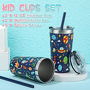 2 Pcs Kids Cups with Straw and Lid, Toddler Smoothie Cup Spill Proof Vacuum Stainless Steel Insulated Tumbler for Boys, Powder Coated Baby Child Cup + BPA Free Lids + Silicone Straws (12 Oz, Cute)