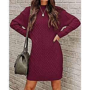 FSHAOES Womens Turtleneck Cable Knit Sweater Dress Fall Winter Long Sleeve Bodycon Mini Dresses Solid Long Pullover Jumper Wine Red