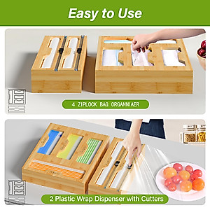 4 Slots Bag Organizer and 2 Foil Plastic Wrap Cutter Dispenser Separated, Bamboo Bag Storage Organizers for Kitchen Drawer, Baggie Organizer for for Gallon, Quart Sandwich & Snack Bags