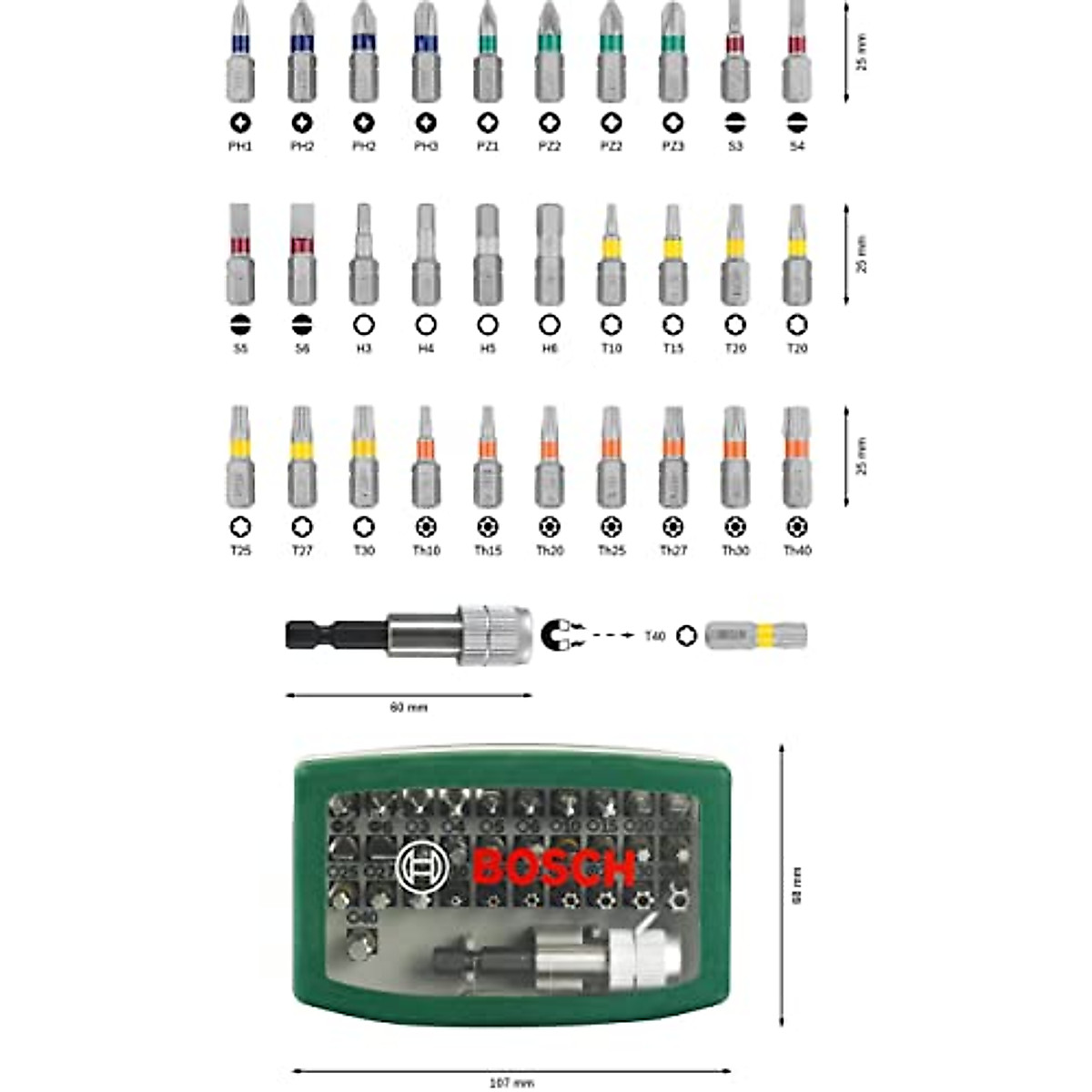 Bosch 2607017063 Screwdriver Bit Set with Colour Coding 32 Pcs