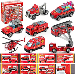 JOYIN 28 Packs Valentines Day Cards with DieCast Fire Rescue Vehicles Toys for Kids Valentine Party Favor, Classroom Exchange Prize and Gifts for Boys, Valentine’s Greeting Cards
