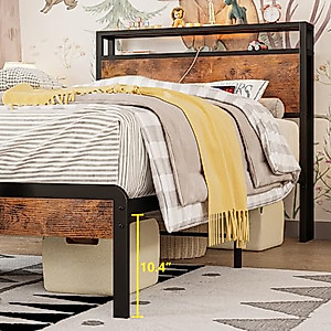 IRONCK Twin Bed Frames for Kids, Platform Bed with Storage Headboard and Charging Station, Heavy Duty Metal Slats, Noise Free, Easy Assembly, Vintage Brown