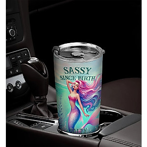 20oz Mermaid Tumbler, Sassy Since Birth Salty by Choice, Gifts for Mermaid Lovers, Coffee Thermos for Women, Stainless Steel Double Wall Vacuum Insulated Coffee Mug, Travel Cup with Lid