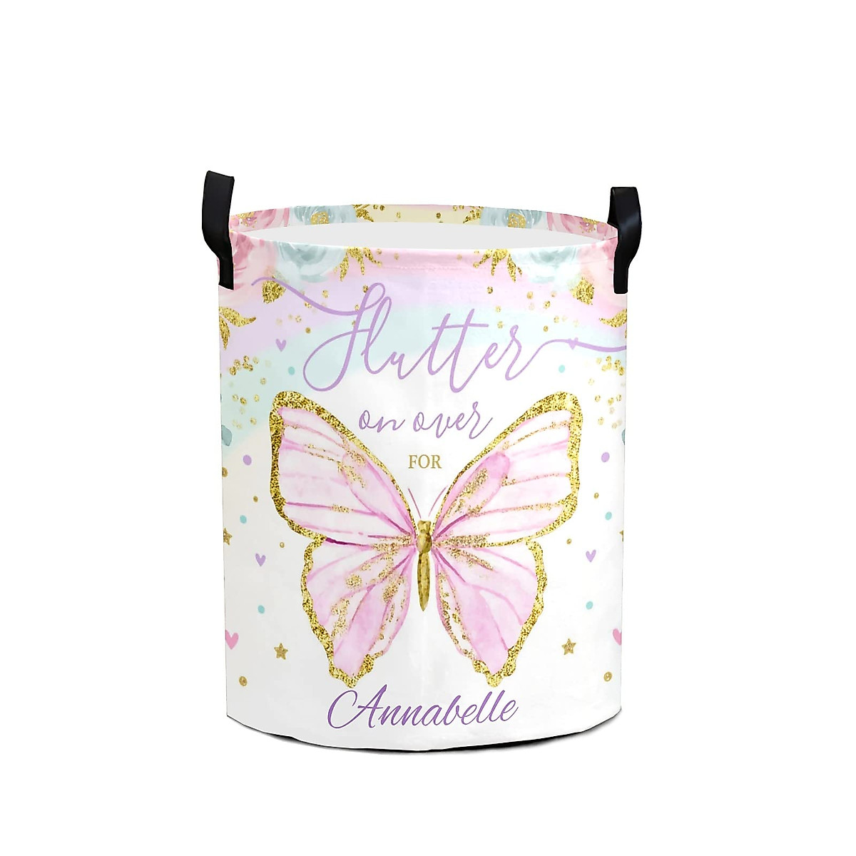 NZOOHY Butterfly Floral Pattern Personalized Waterproof Foldable Laundry Basket Bag with Handle, Custom Collapsible Clothes Hamper Storage Bin for Toys Laundry Dorm Travel Bathroom