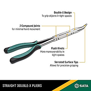 SATA Straight Body Double x-Pliers, with Green Handles & A Long-Nose Design for Access in Tight Spaces - ST70711