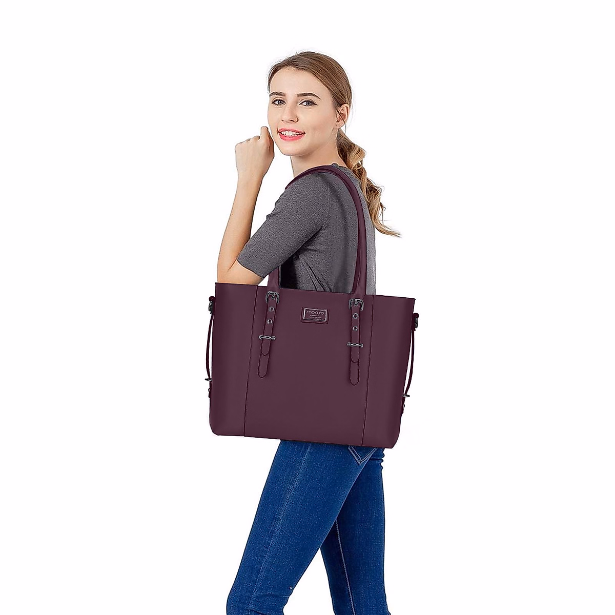 MOSISO PU Leather Laptop Tote Bag for Women (17-17.3 inch), Waterproof Large Capacity Business Work Briefcase Shoulder Laptop Bag, Plum