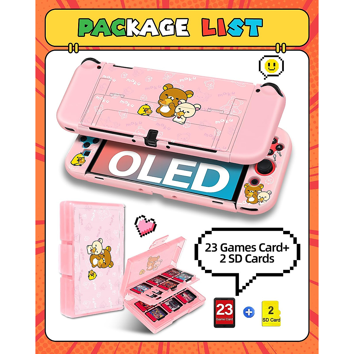 Xinocy (2in1 for Nintendo Switch OLED Case +24 Switch Game Holder Cute Cartoon Bear Slim Protective Cases Soft Shell for Kids Boys Teens Girls Girly Design Funny Aesthetic Covers for Switch OLED 2021