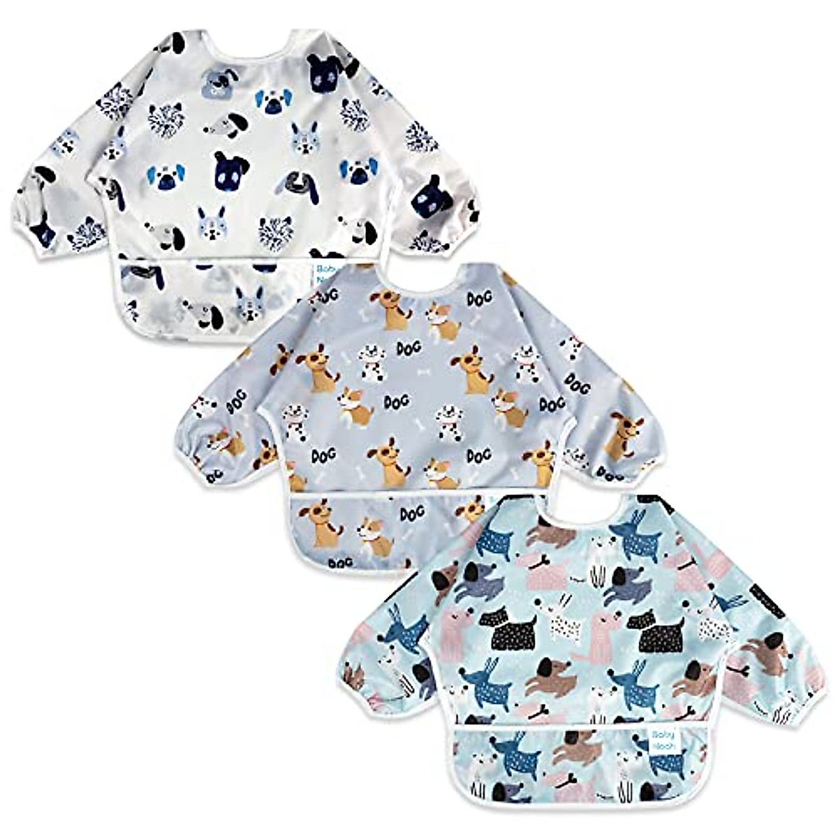 Hiverst 3 Pcs Long Sleeved Bib Set | Baby Waterproof Bibs with Pocket Bundle | Toddler Bib with Sleeves and Crumb Catcher | Stain and Odor Resistance Play Smock Apron | 6-24 Months