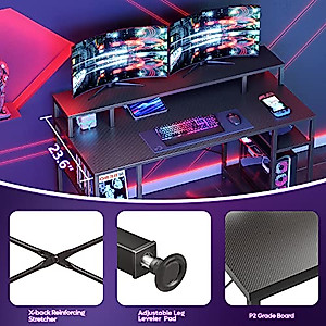 Bestier Gaming Desk with Monitor Shelf, 55 inches Home Office Desk with Open Storage Shelves, Writing Gaming Study Table Workstation for Small Space, Carbon Fiber