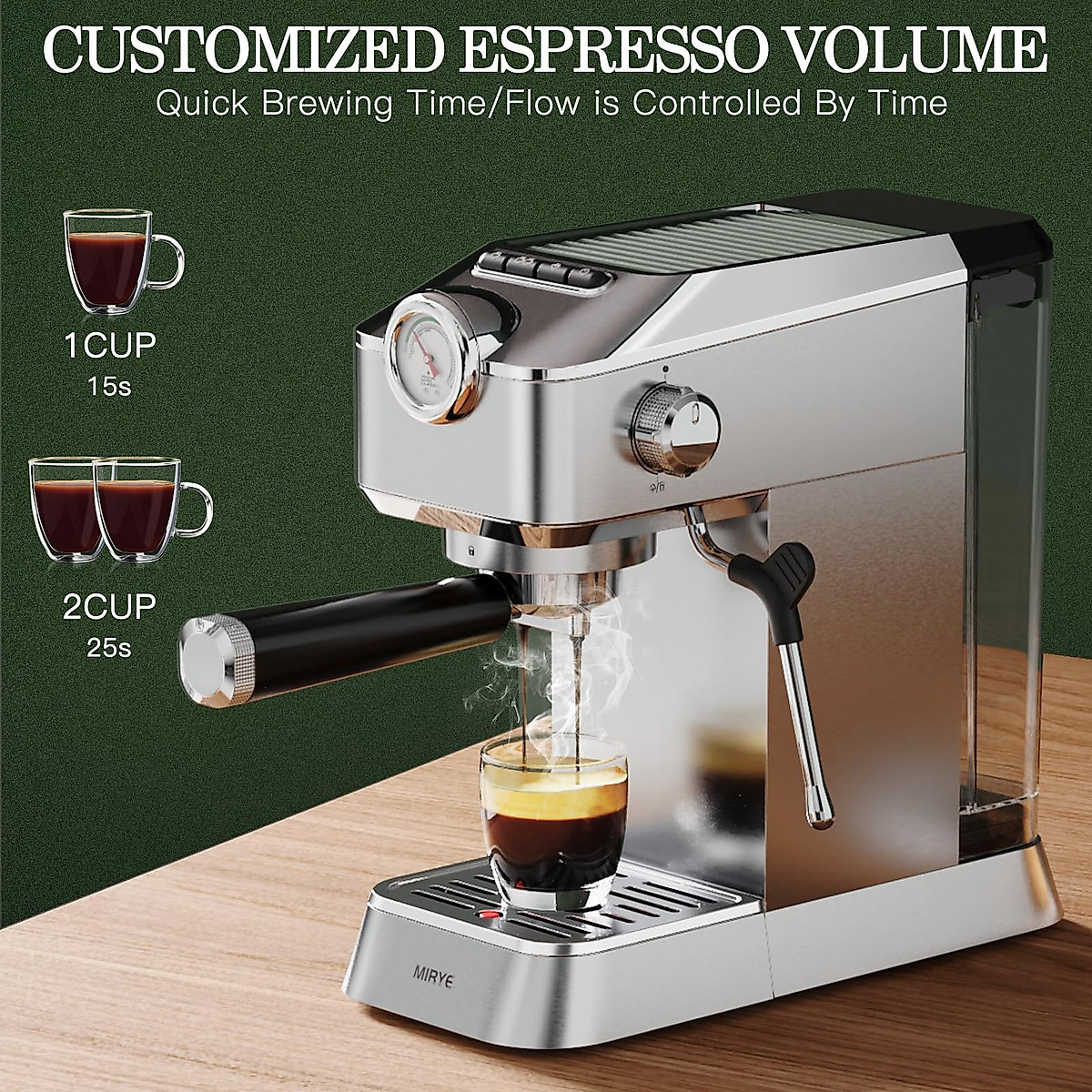 MR MIRYE Espresso Machine, 20 Bar Stainless Steel Espresso Maker Silver Coffee Machine for Home or Office With Removable Water Tank, Measuring Spoon, Brewing Filter, Milk Cup, Milk Frother Steam Wand