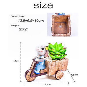 Cute Little White Rabbit Cycling Flower Pot with Drainer Garden Flower Pot Resin Succulent Potted Bonsai Plant Stand Home Desk Mini Ornaments Without Plants