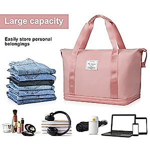 Large Capacity Folding Travel Bag, Expandable Portable Waterproof Travel Duffel Bags, Lightweight Weekender Overnight Carry on Bag for Travel Sports Gym, B Pink