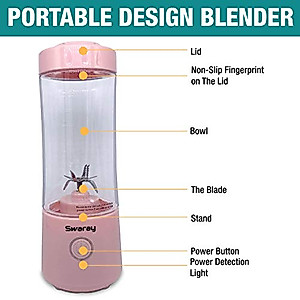 Swaray Portable Blender, 13.5 Oz Personal Size Blender, Juicer Cup for Juice, Crushed Ice, Smoothies and Shakes, 4000mAh USB Rechargeable with Six Blades, Mini Blender for Travel, Gym, Sports, Office, and Outdoors (Pink)